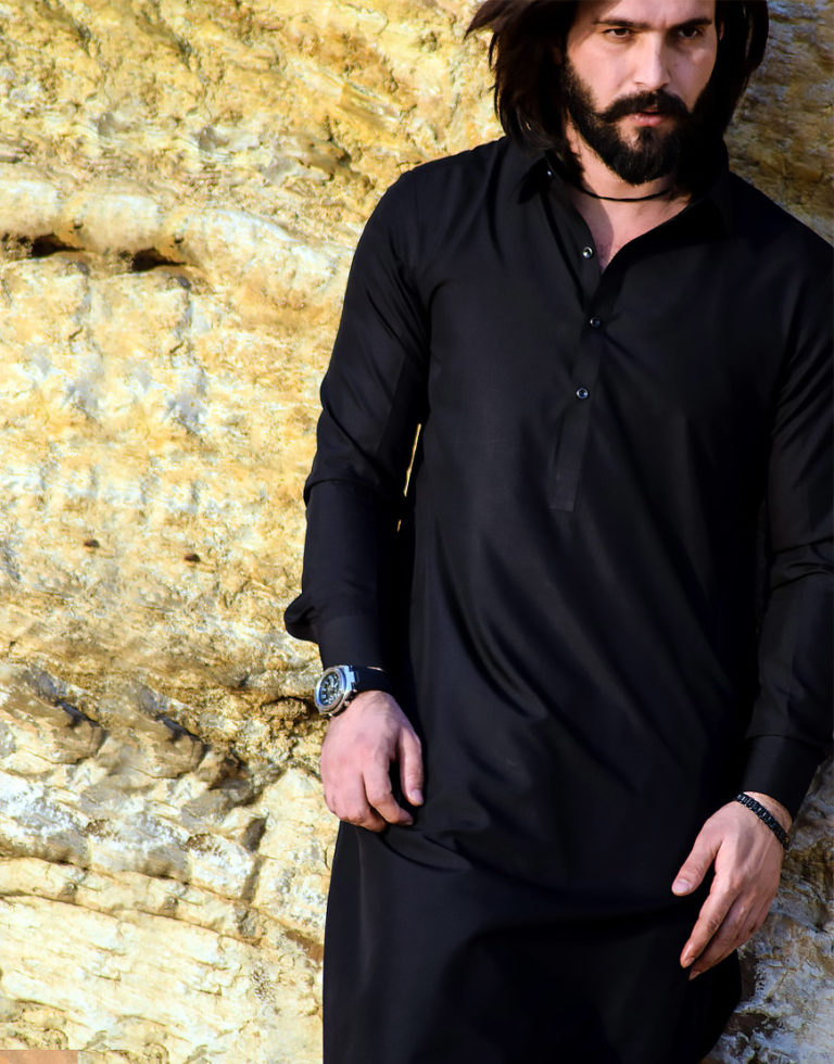 Elegant Black Kameez Shalwar | Wash & Wear Suit For Men - JHONUM